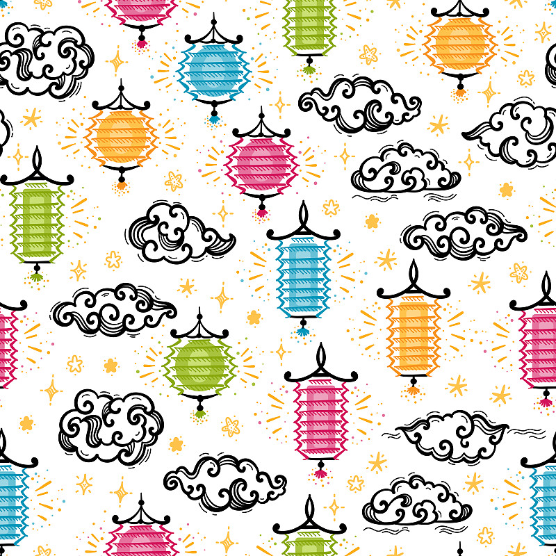 Glowing Fairy Lights, Clouds and Stars Seamless Pa_模板素材-稿定设计