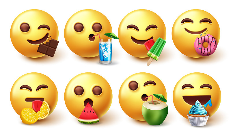 表情符号吃字符向量集。Emojis 3d吃和喝的食物，如水果和甜点孤立在白色背景的表情包吃和喝的脸收_模板素材-稿定设计
