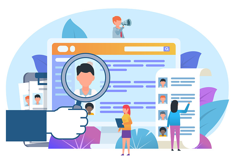 招聘部门，搜索新员工。小人站在大屏幕旁边，招聘网站。网页海报，社交媒体，横幅，展示_模板素材-稿定设计