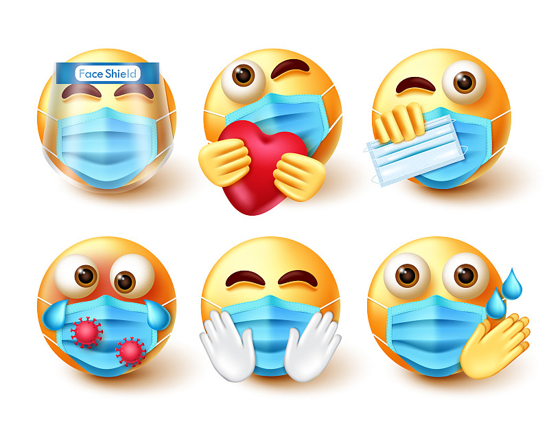Emoji covid-19笑脸向量集。表情符号的角色在3d与新的常规安全指导元素，如口罩，面罩和手_模板素材-稿定设计