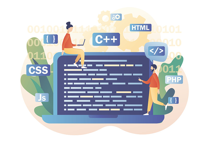 小人物程序员或开发人员创造代码编程语言。编程和工程开发。c++、PHP, HTML, CSS, ja_模板素材-稿定设计