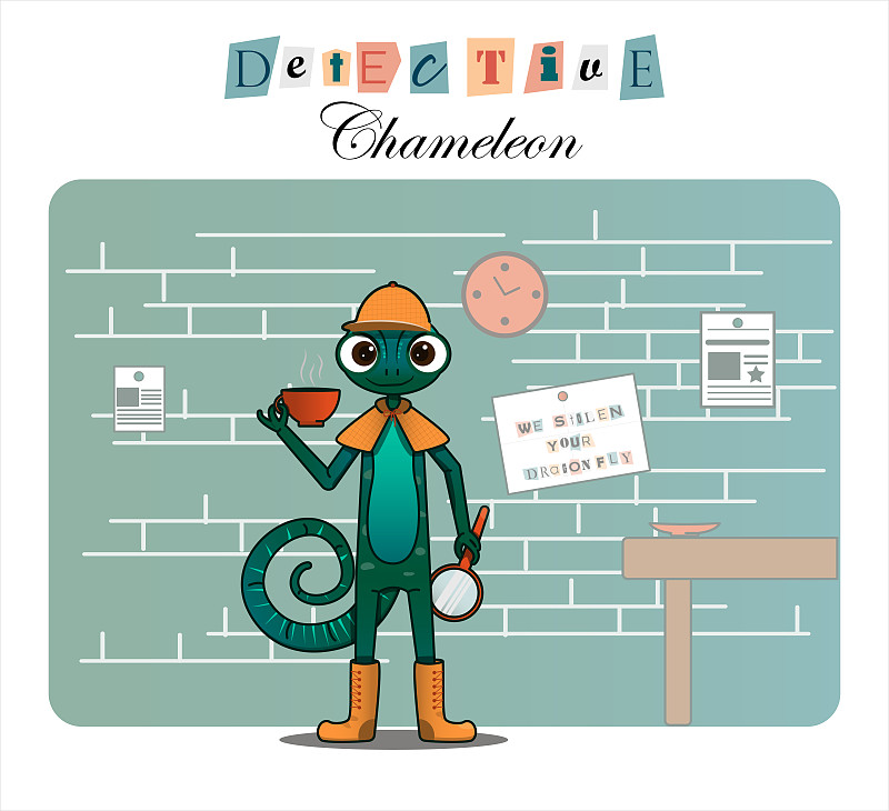卡通人物chameleon-detective。平面插图儿童，书籍，网站，侦探机构或假期。可爱的图片_模板素材-稿定设计