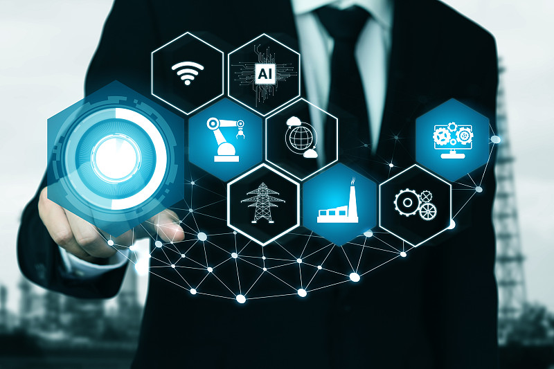 工业4.0技术概念-智能工厂为第四次工业革命与图标图形显示自动化系统使用机器人和自动化机械_模板素材-稿定设计