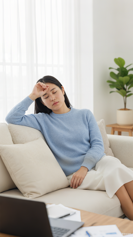 人物系列写实感在沙发躺着摸头的女人图片图片下载-稿定设计